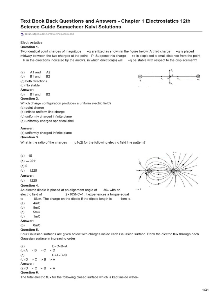 Text Book Back Questions and Answers - Chapter 1 Electrostatics 12th Science Guide Samacheer ...