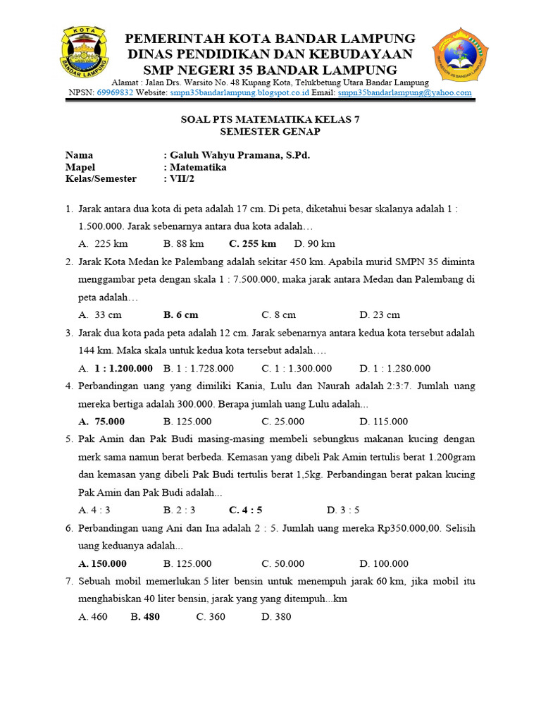 Soal PTS Matematika Kelas 7 | PDF | Metode & Bahan Ajar | Griya & Taman