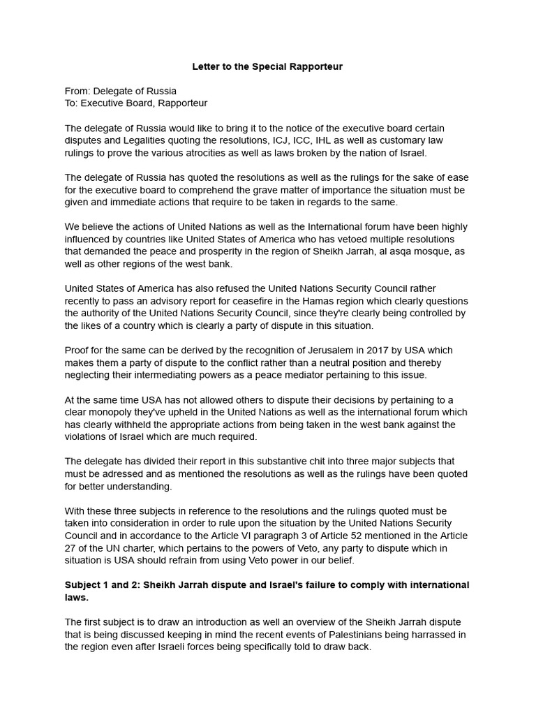 Letter To The Special Rapporteur | PDF | Palestinian Territories | Israel