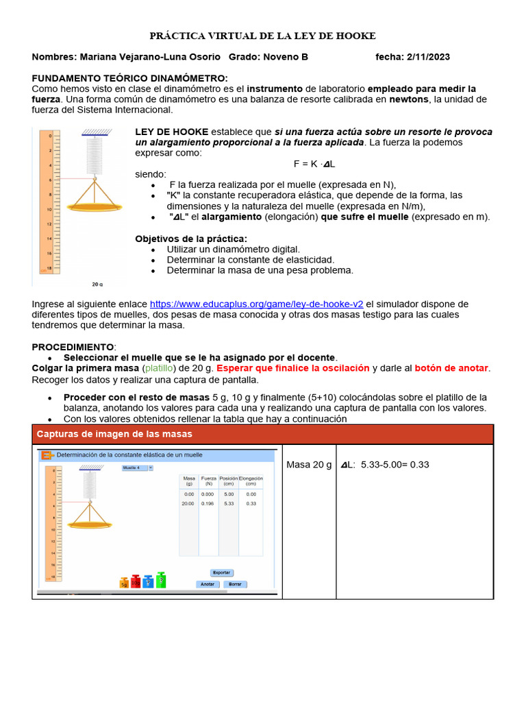 Practica Virtual Ley de Hooke Nicolas-Luna | PDF | Masa | Balanza