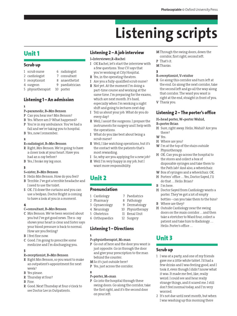 Nursing 1 - Listening Scripts | Download Free PDF | Clinical Medicine ...