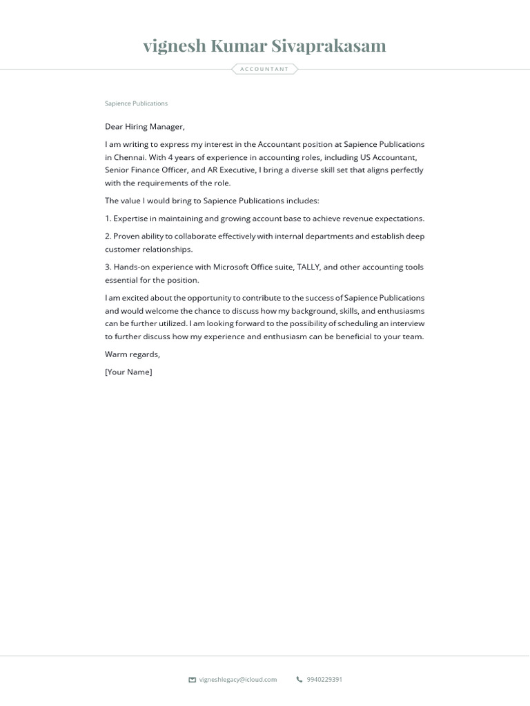 Vignesh Kumar Sivaprakasam - Cover Letter | PDF