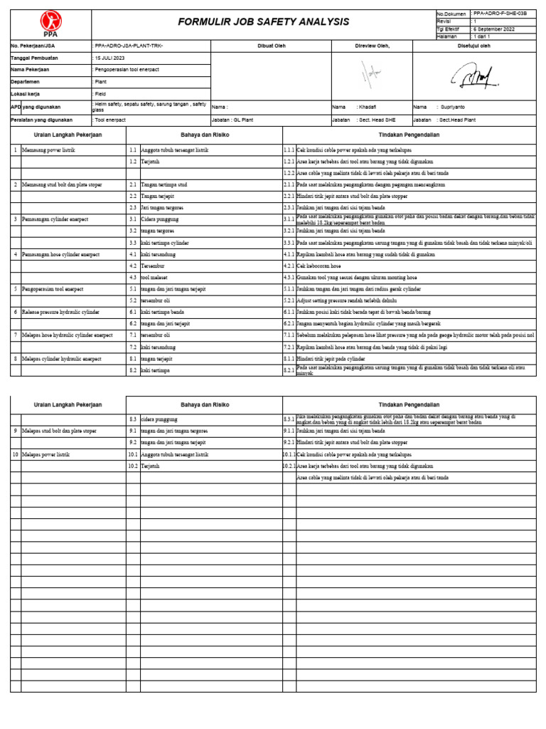JSA Penggunaan Enerpact | PDF