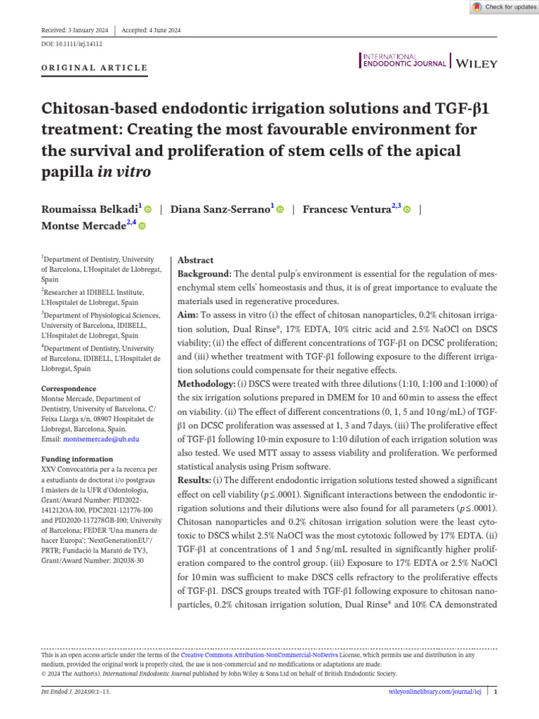 Int Endodontic J - 2024 - Belkadi - Chitosan‐Based Endodontic Irrigation Solutions and TGF‐ 1 ...