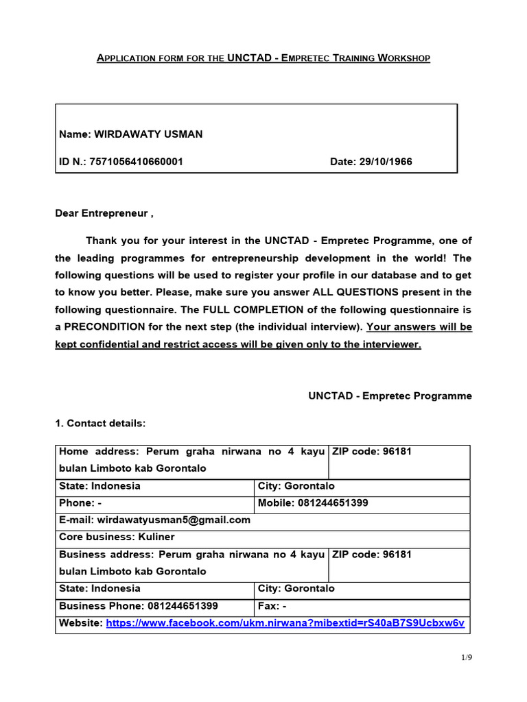 Application Form For The UNCTAD - Empretec Training Workshop | PDF ...