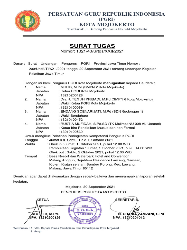 Surat Tugas 1-2 Okt 2021 PGRI | PDF
