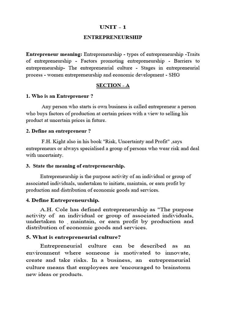 UNIT 1 Entrepreneurship | PDF | Entrepreneurship | Innovation