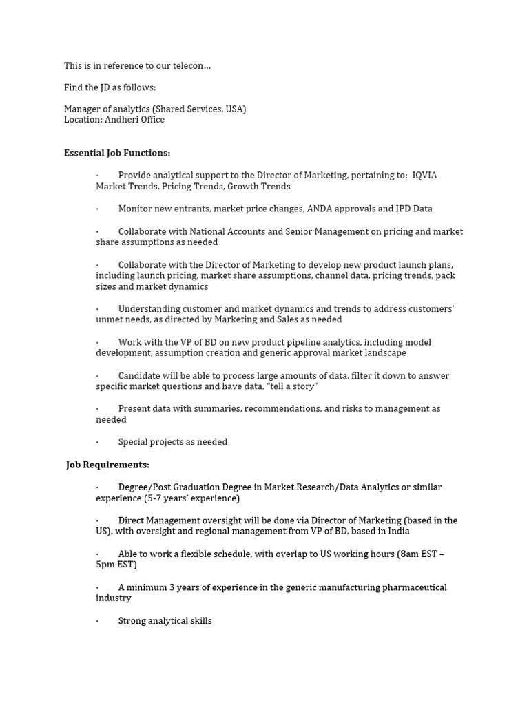 JD For Manager - Analytics | PDF