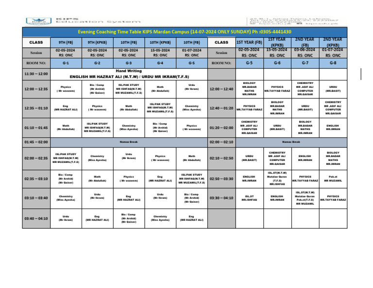 Evening Coaching Time Table KIPS Mardan Campus (14!07!2024 ONLY SUNDAY ...