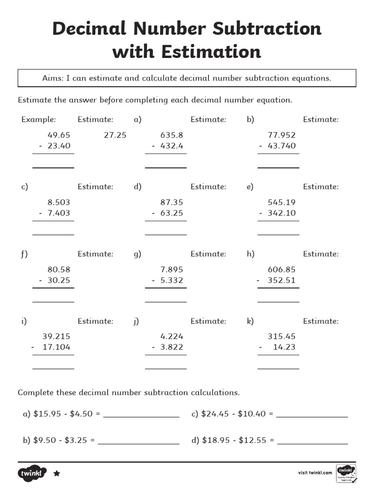 AU T2 M 4294 Decimal Number Subtraction With Estimation Differentiated ...
