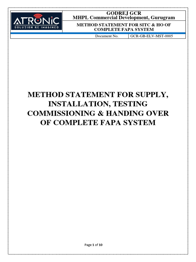 Work Method Statement For SITC&HO of Complete FAPA System | PDF | Occupational Safety And Health ...