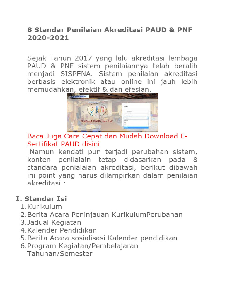 8 Standar Penilaian Akreditasi PAUD | PDF