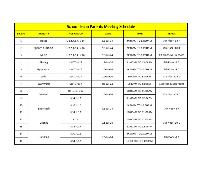 School Team Parents Meeting Schedule and Venue | PDF