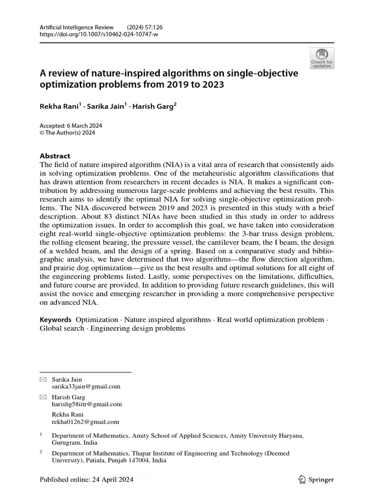 A Review Of Nature Inspired Algorithms On Single Objective Optimization Problems From 2019 To