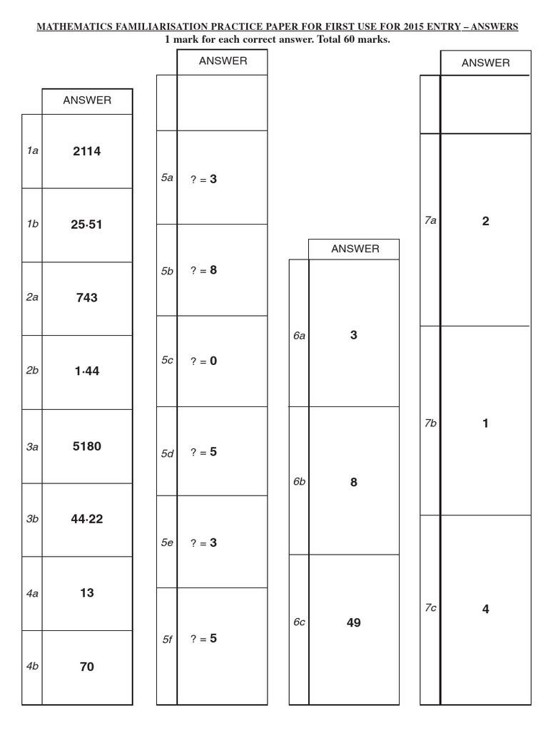 Familiarisation CSSE Maths Answer Sheet | PDF