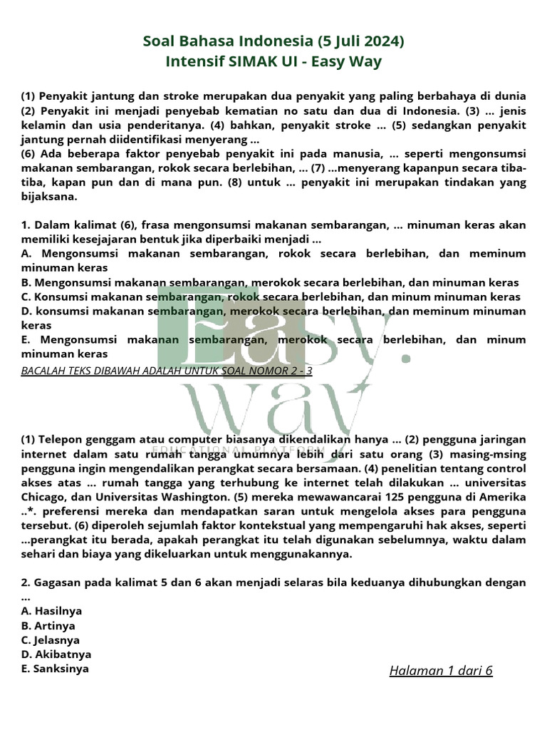 Soal SIMAK UI 2024 Bahasa Indonesia | PDF | Olahraga & Rekreasi