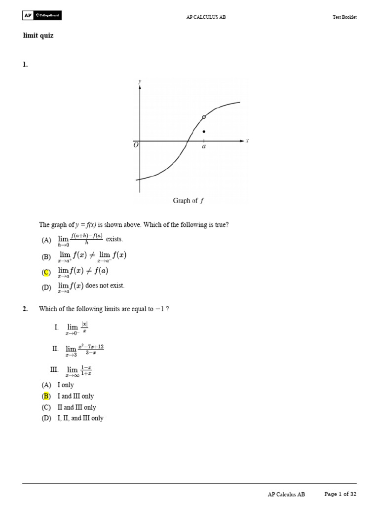 Limit Summer Homework For G11 AP Calculus | PDF | Function (Mathematics) | Mathematical Objects