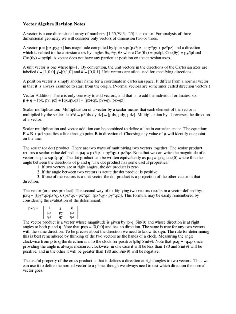 Vector Algebra Revision | PDF | Euclidean Vector | Cartesian Coordinate ... Vector Algebra Revision | PDF | Euclidean Vector | Cartesian Coordinate ...