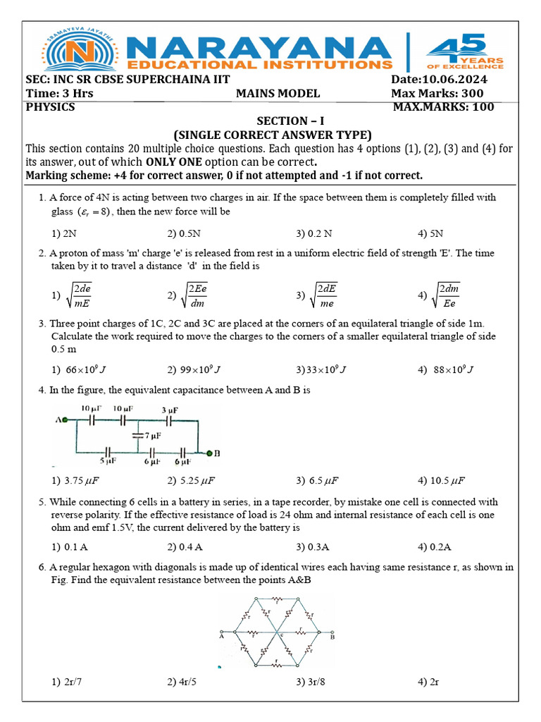 (Cbse Main Iit) SR Cbse Super Chaina QP 10-06-2024 | PDF | Capacitor | Magnetic Field
