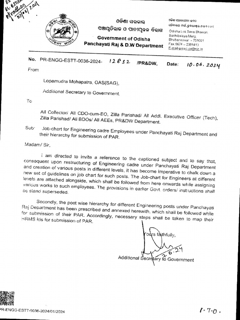Job Chart For Engineering Cadre Employees Under PRDW Dept and Their ...