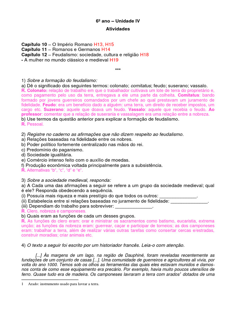 Bloco de atividades - 6 ano - Unidade 4 | PDF | Feudalismo