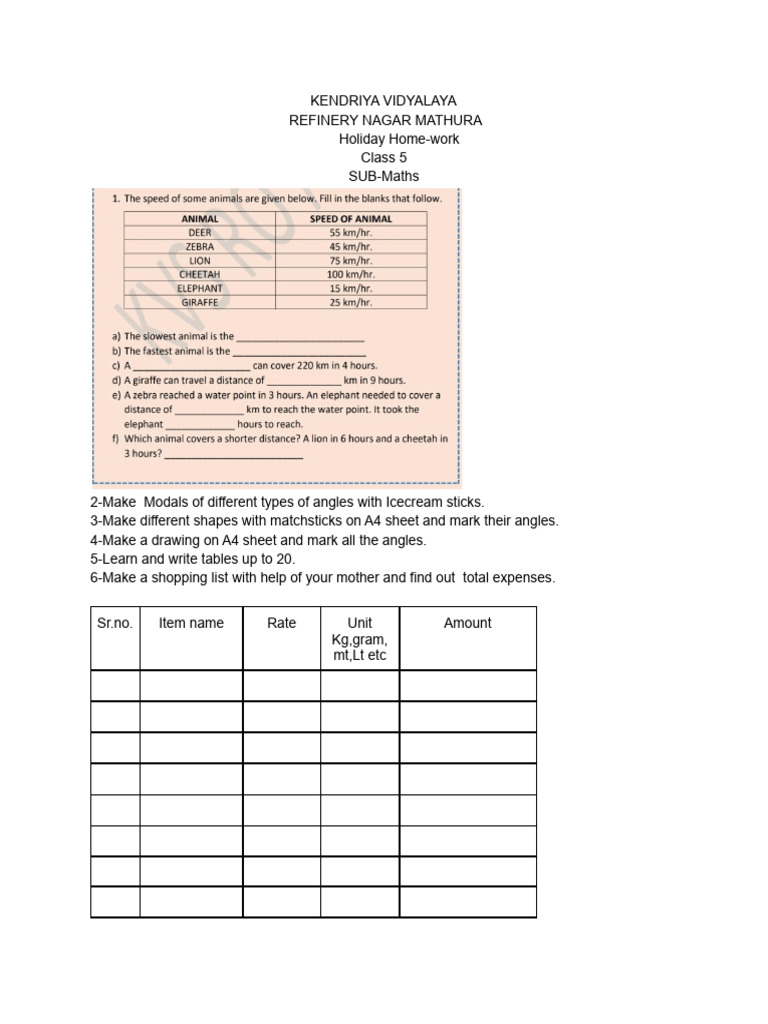 Class 5 Maths Holiday Homework | PDF