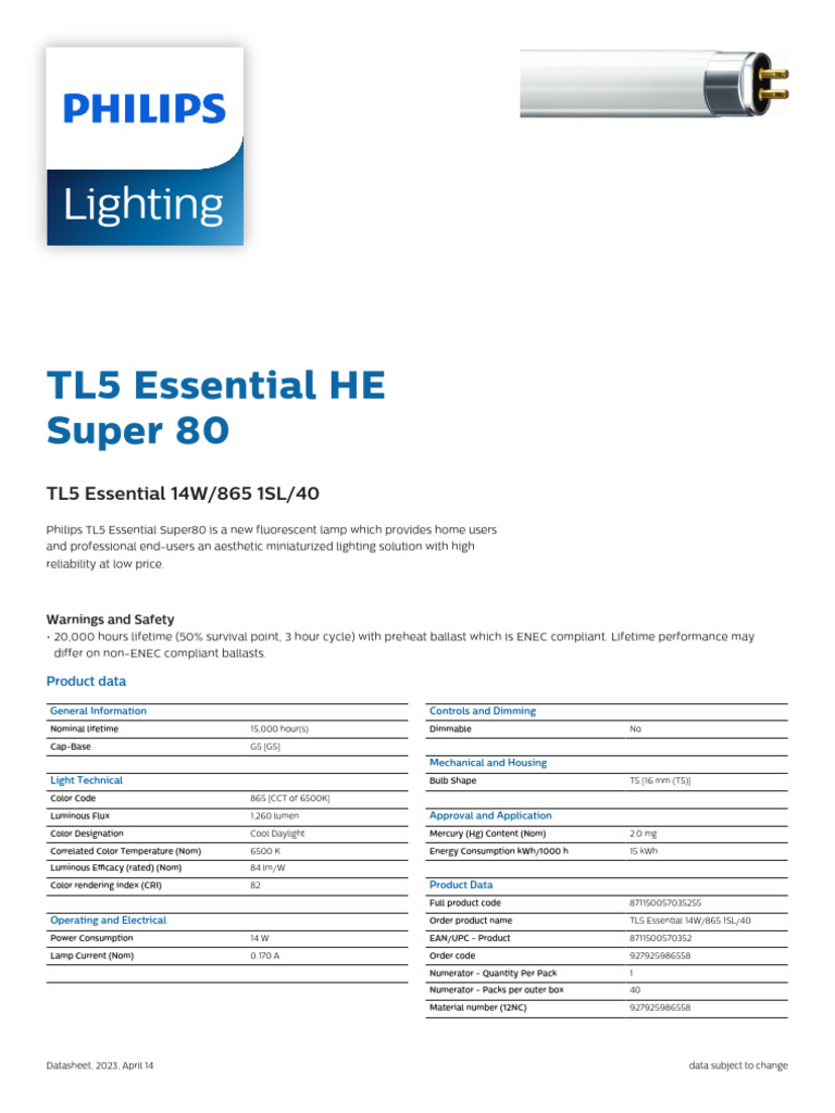 Philips TL5 Essential 14W865 1SL40, T5 2 Feet | PDF | Lighting | Optics
