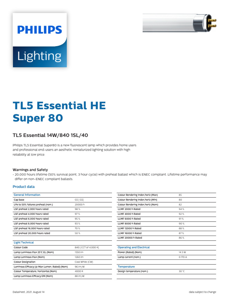 Philips TL5 Essential 14W/840 Lamp | PDF | Lighting | Interior Design