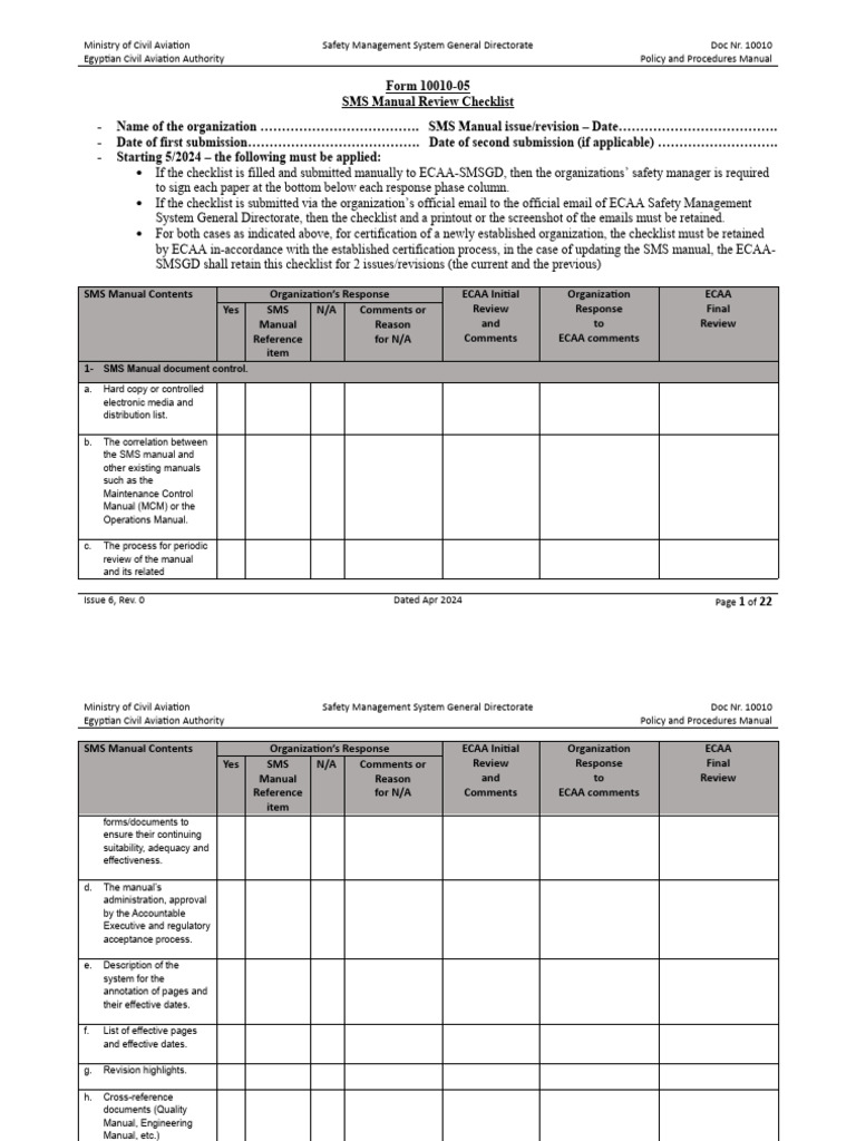 Form 10010 SMS Manual Review Checklist | PDF | Risk | Risk Assessment