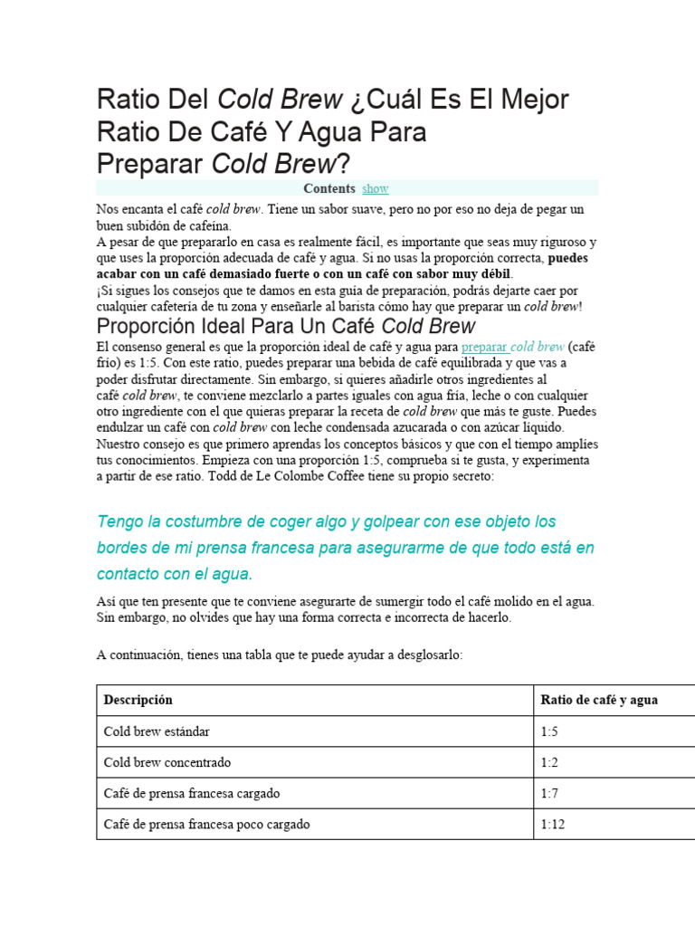 Ratio Del Cold Brew | PDF | café | Té