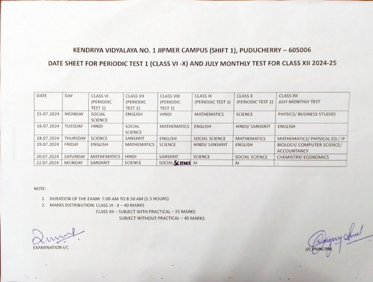 Date Sheet For PT 1 (VI - X) & July MT (XII) | PDF