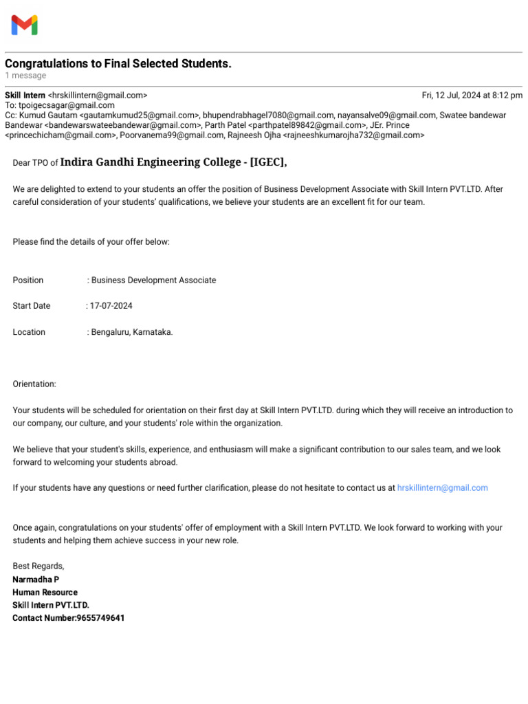 Gmail - Congratulations To Final Selected Students. | PDF