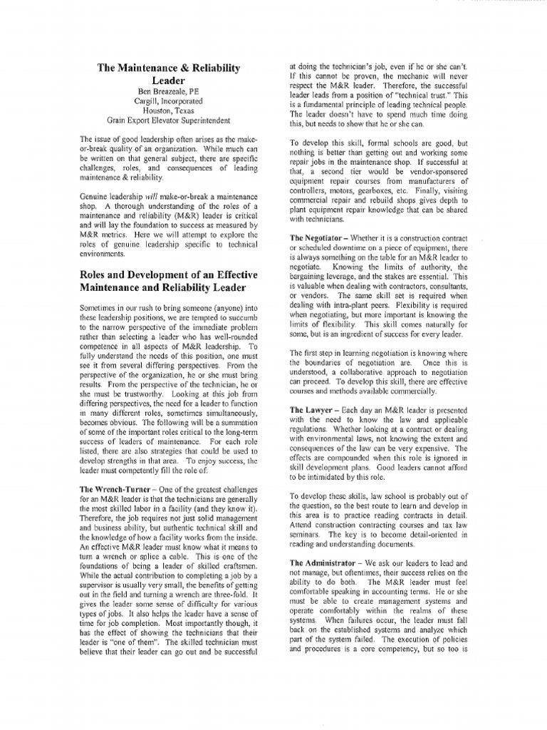 Key Roles of Maintenance Leaders | PDF | Reliability Engineering ...