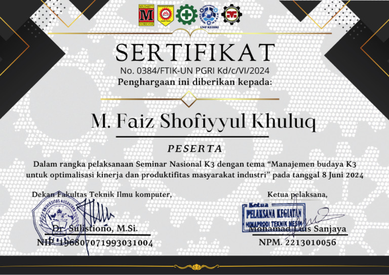 Sertif Peserta Semnas k3 - Part53 | PDF