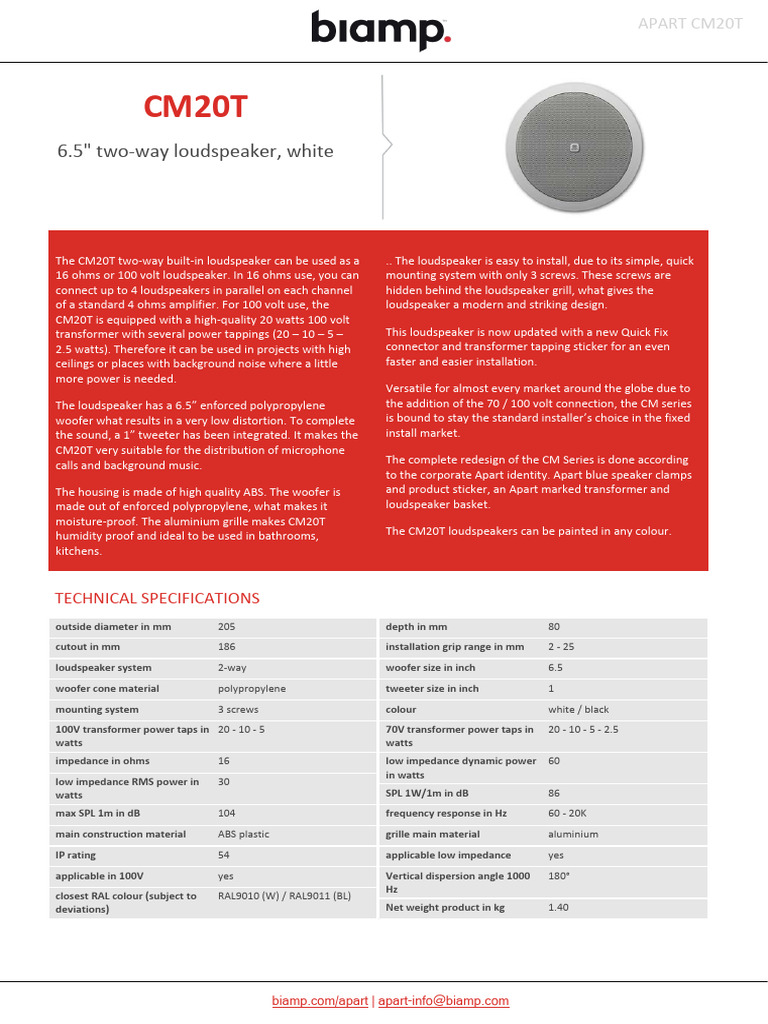 Biamp Data Sheet cm20t Aug20 | PDF | Loudspeaker | Electrical Components