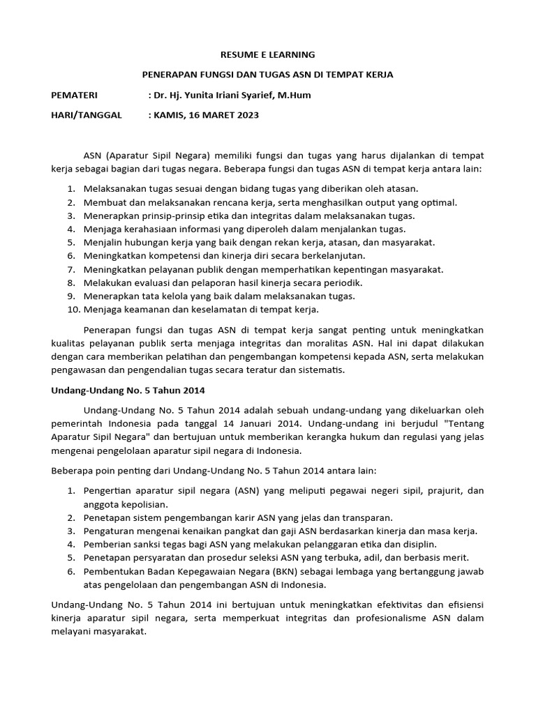 Resume Penerapan Fungsi Dan Tugas Asn Di Tempat Kerja | PDF | Karier ...