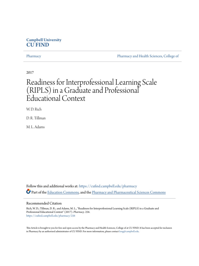 Readiness For Interprofessional Learning Scale (RIPLS) in A Gradu | PDF ...
