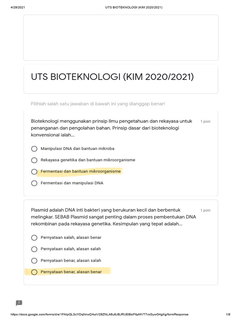 UTS BIOTEKNOLOGI (KIM 2020 - 2021) PG | PDF | Sains & Matematika