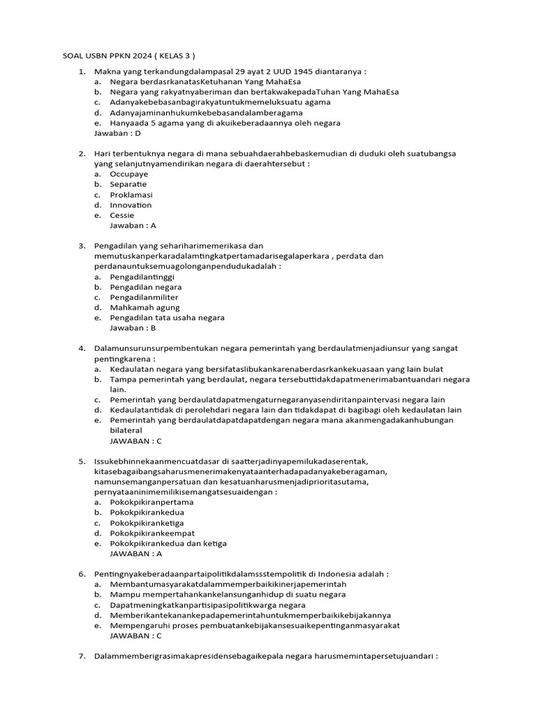 SOAL USBN PPKN 2023 (Kelas 3) PAK YUSRIZAL | PDF