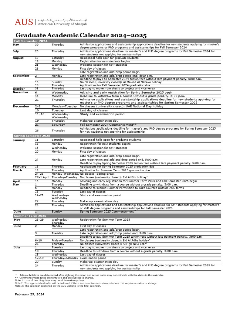 AUS Graduate Academic Calendar 2024-2025 | PDF | Academic Term | Doctor ...