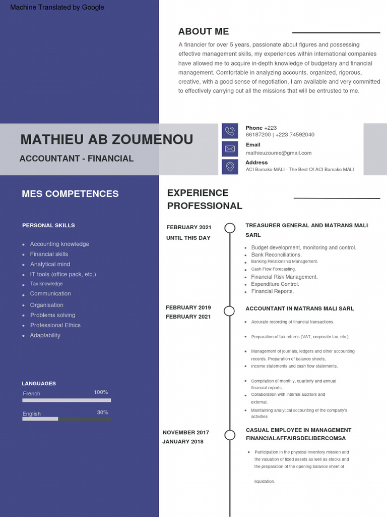 CV Mathieu ZOUMENOU New | PDF | Balance Sheet | Financial Statement