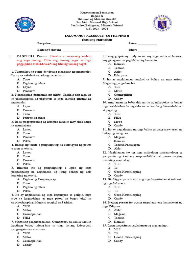 FILIPINO Ikatlong Markahan Final | PDF
