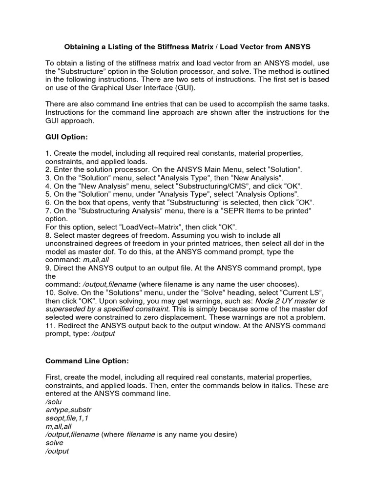 ANSYS - Obtaining A Listing of The Stiffness Matrix | PDF | Command ...