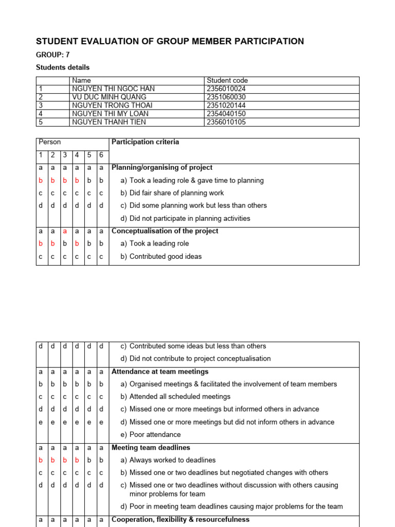 Tacb4 Nb4103 Group Vu Duc Minh Quang Peer Evaluation | PDF
