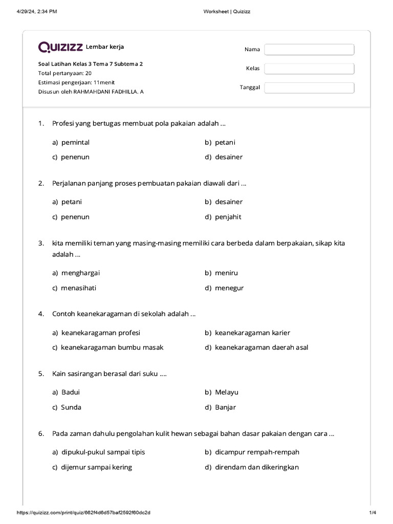 Worksheet - Quizizz | PDF