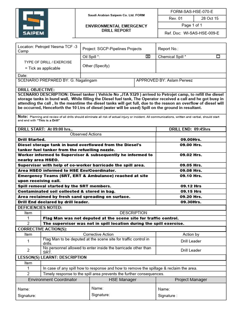 Drill Env Form Form-Spsa-Hse-070-E (2) 2 | PDF | Oil Spill | Diesel Fuel
