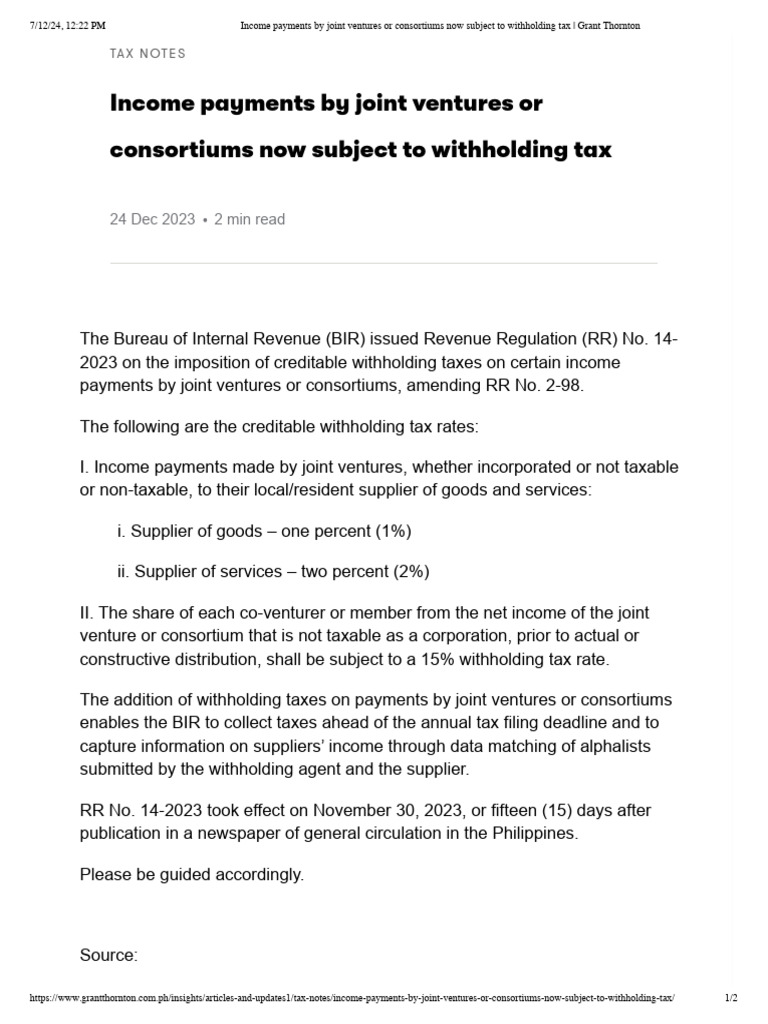 Income Payments by Joint Ventures or Consortiums Now Subject To Withholding Tax - Grant Thornton ...