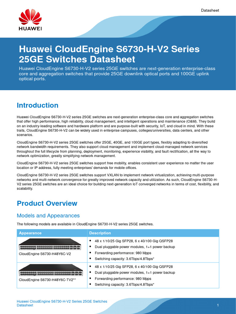 Huawei CloudEngine S6730-H-V2 Series 25GE Switches Datasheet | PDF | Computer Network | Network ...