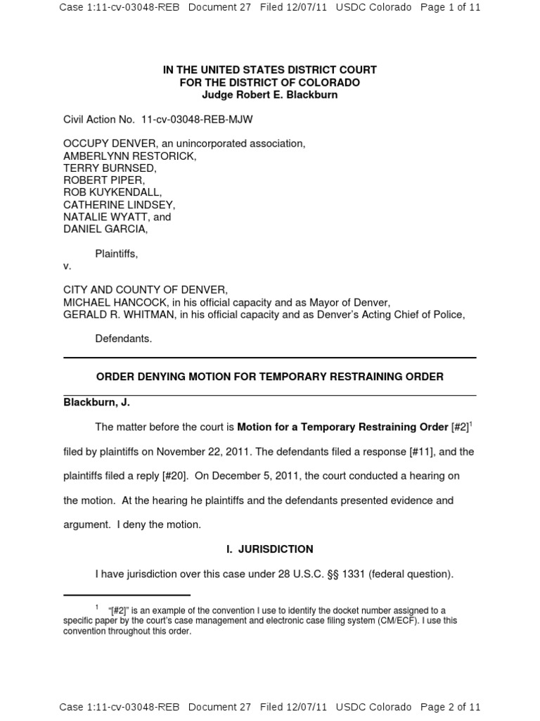 Occupy Denver Order On Request For Temporary Restraining Order | PDF | Injunction | Complaint