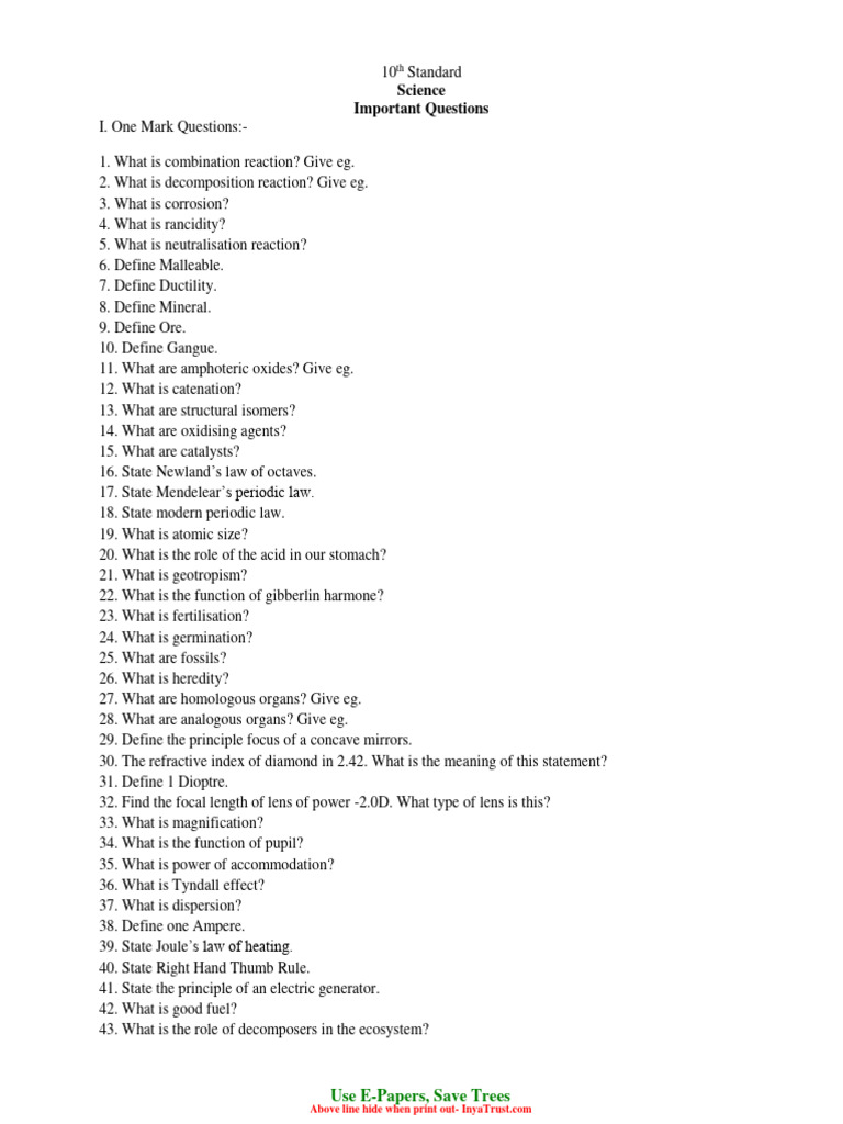 10th STD Science Important Questions Eng Version 2019-20 by Kuttima ...